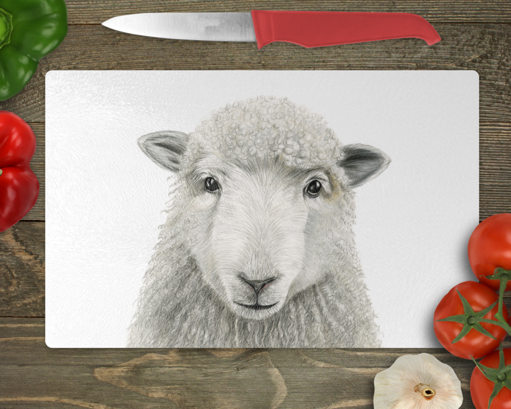 Glass chopping board sheep watercolour art - Lynnside Smallholding